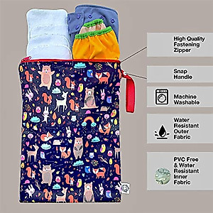 FLOCK THREE Washable and Reusable Wet Bag Diaper Bag Water Resistant Swimming Bag Travel Toiletries Pouch Cute Animals Zippered 12.6'' x 16.5''