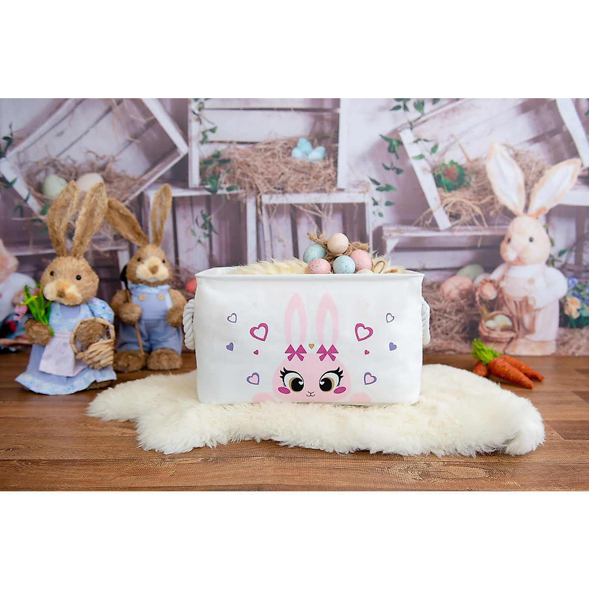 Kazulo Pink Bunny Easter Basket For kids, Rectangle Rabbit Basket, Easter Basket for Girls, Egg Hunt Bag For Boys and Girls,, Kids Easter Basket, Bunny Basket (Pink Bunny)