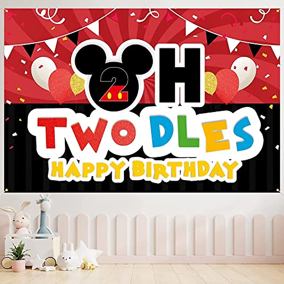 Oh Twodles Backdrop Banner Red and Black Cartoon Happy 2nd Birthday Theme Party Decorations Cheer to Two Years Old Photography Background Supplies for Boys Girls