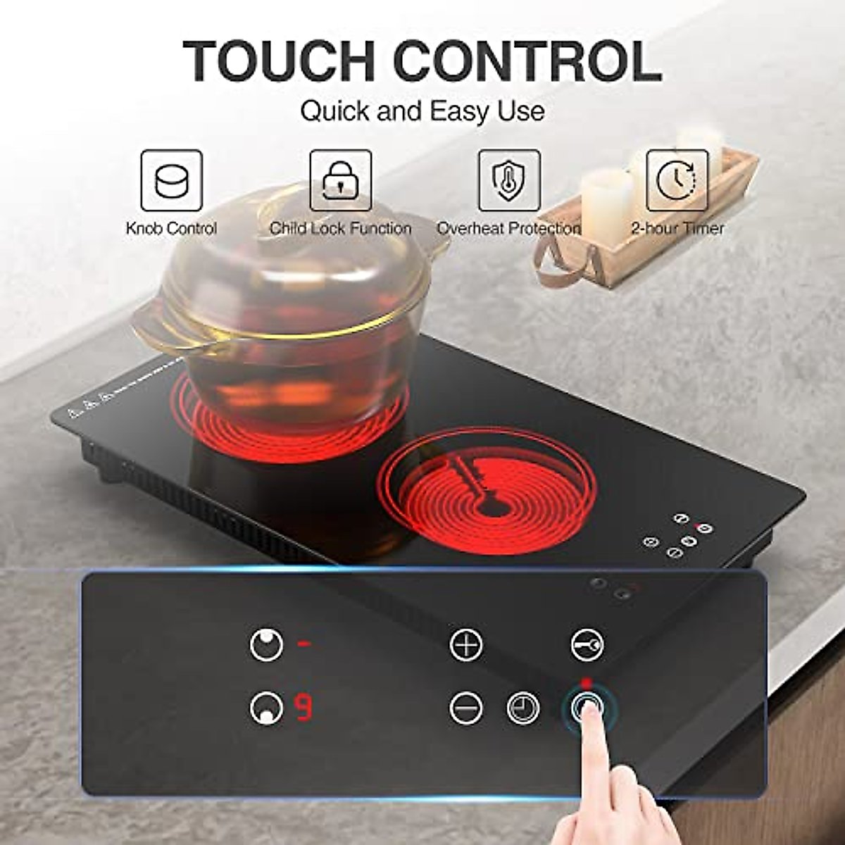 GIHETKUT Electric Cooktop,Built-in and Countertop Electric Stove Top, 2100W 110V induction Cooktop, 9 Heating Level, Timer & Kid Safety Lock, Sensor Touch Control