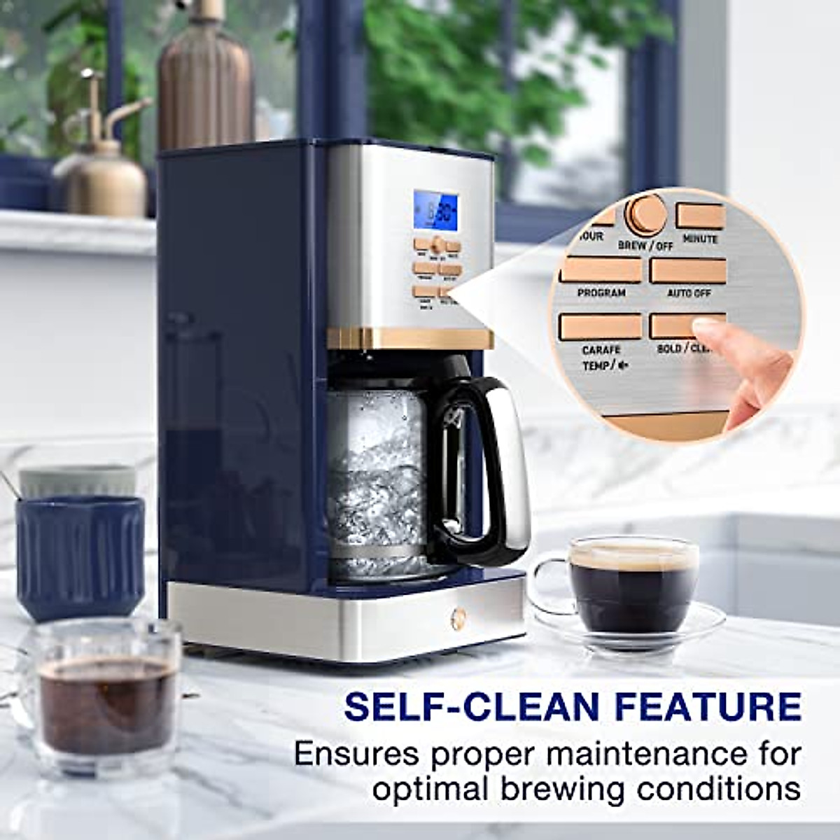 JOY Kitchen 12-Cup Digital Programmable Drip Coffee with Glass Carafe, Reusable Filter Basket & Coffee Spoon, Programmable up to 24 hours, Auto Warming & Self-Clean,Blue