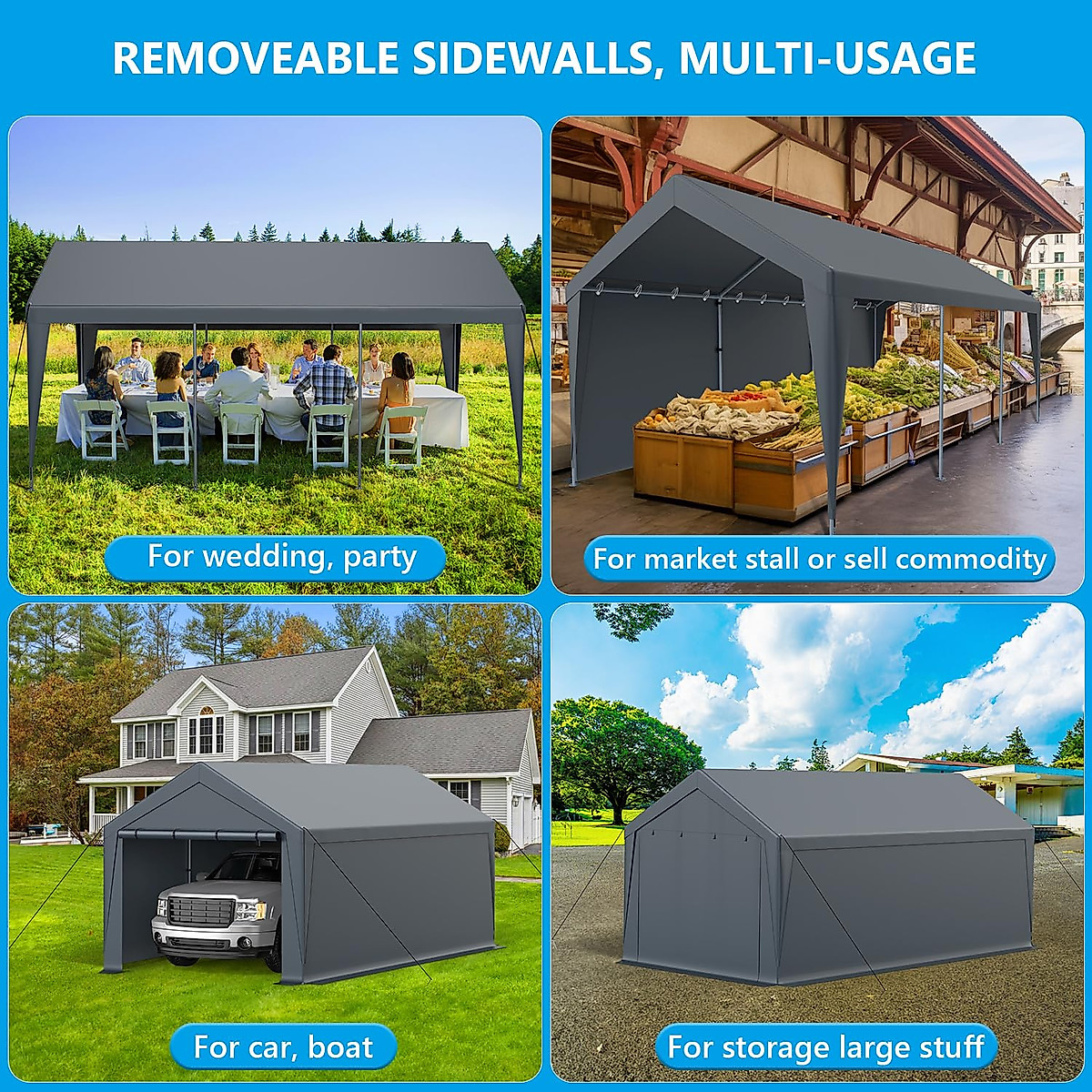 Raxmolo 10x20FT Heavy Duty Carport, Portable Garage with Removable Sidewalls and Doors for Car, Truck, SUV, UV Resistant Waterproof Carport Canopy for Outdoor, All-Season Tarp for Car (Gray)