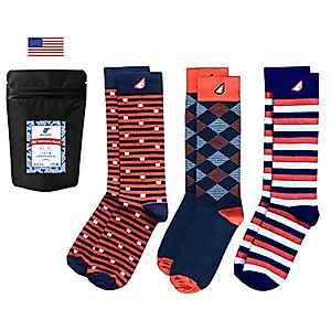 Mens Dress Socks Fun Crazy Colorful Gift Pack Awesome Happy, Made in America (Navy, Orange & White)