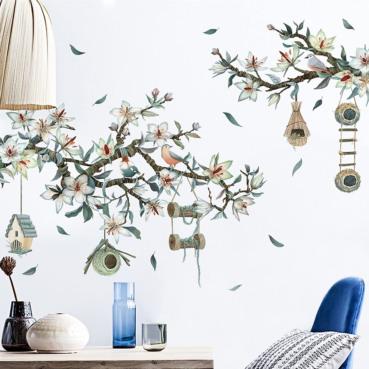 Birds on Magnolia Tree Branches Wall Stickers, ULENDIS DIY Removable White Blossom Flower Wall Decals, Birdcage Murals Wall Decor for Home Bedroom Living Room Corridor Stair