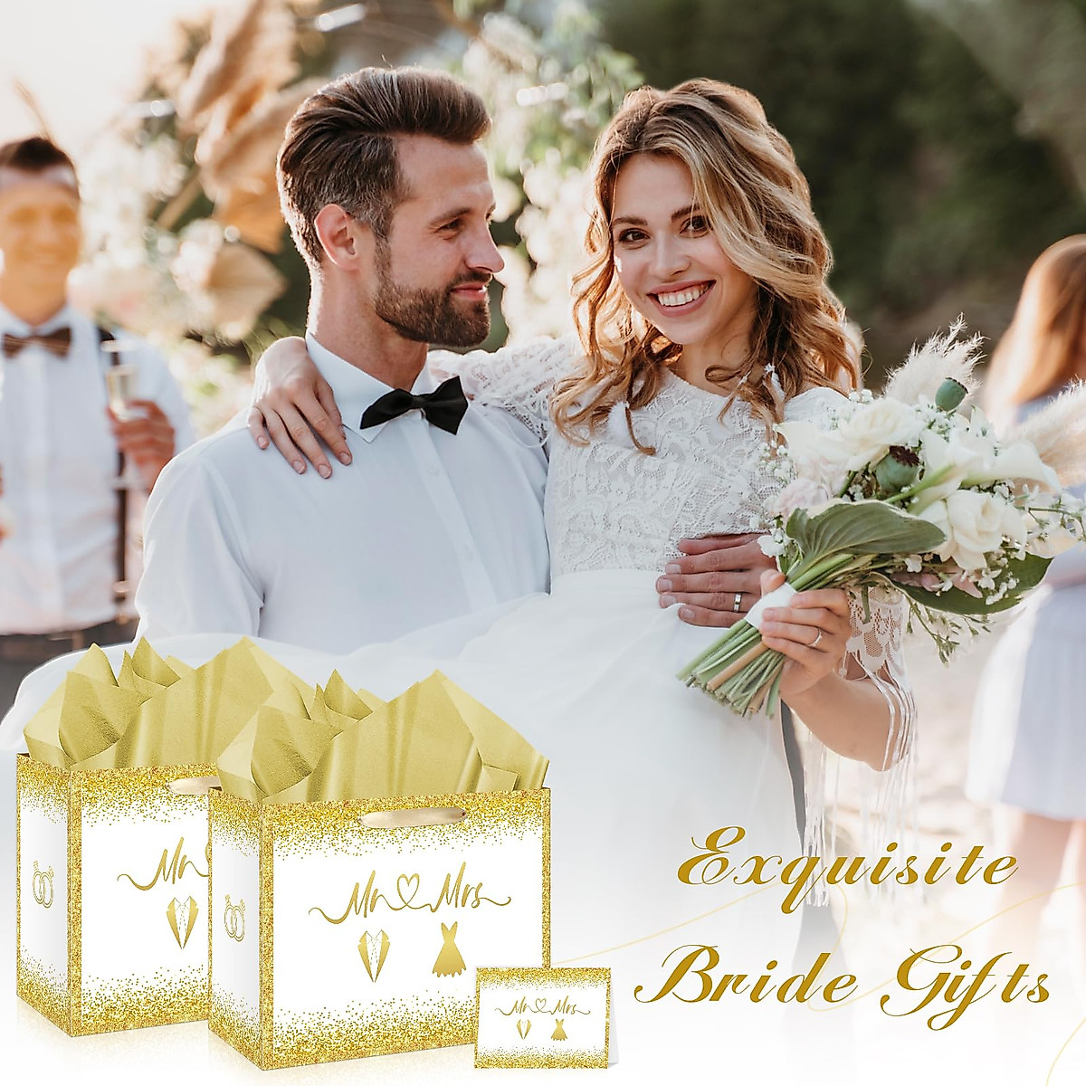 Wedding Gift Bag Bridal Shower Gift Bags Bride Gift Bag large Mrs and Mr Gift Bag White Gold Wrapping Paper Bag with Tissue Paper Card Bridal Anniversary Wedding Engagement Shower Gift Bag for Couple