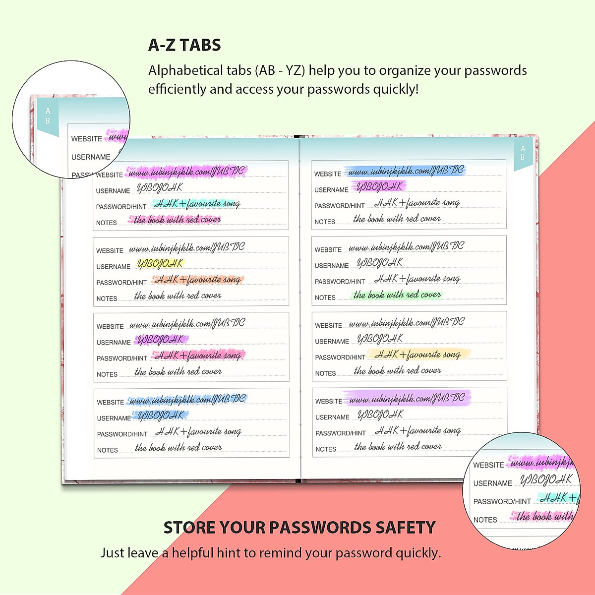 Artake Password Book with Alphabetical Tabs, Password Keeper Internet Address and Password Organizer Logbook, Hardcover Password Notebook, Pocket Address Book for Home Office,160 Pages (4.4" x 6.2")