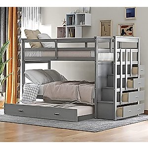 STP-Y Solid Wood Bunk Bed Frame No Box Spring Needed with Guardrails, Ladder and Storage Stairs for and Teens Platform, Twin Over Full, Gray (Color : Grey with Hiden Drawers)