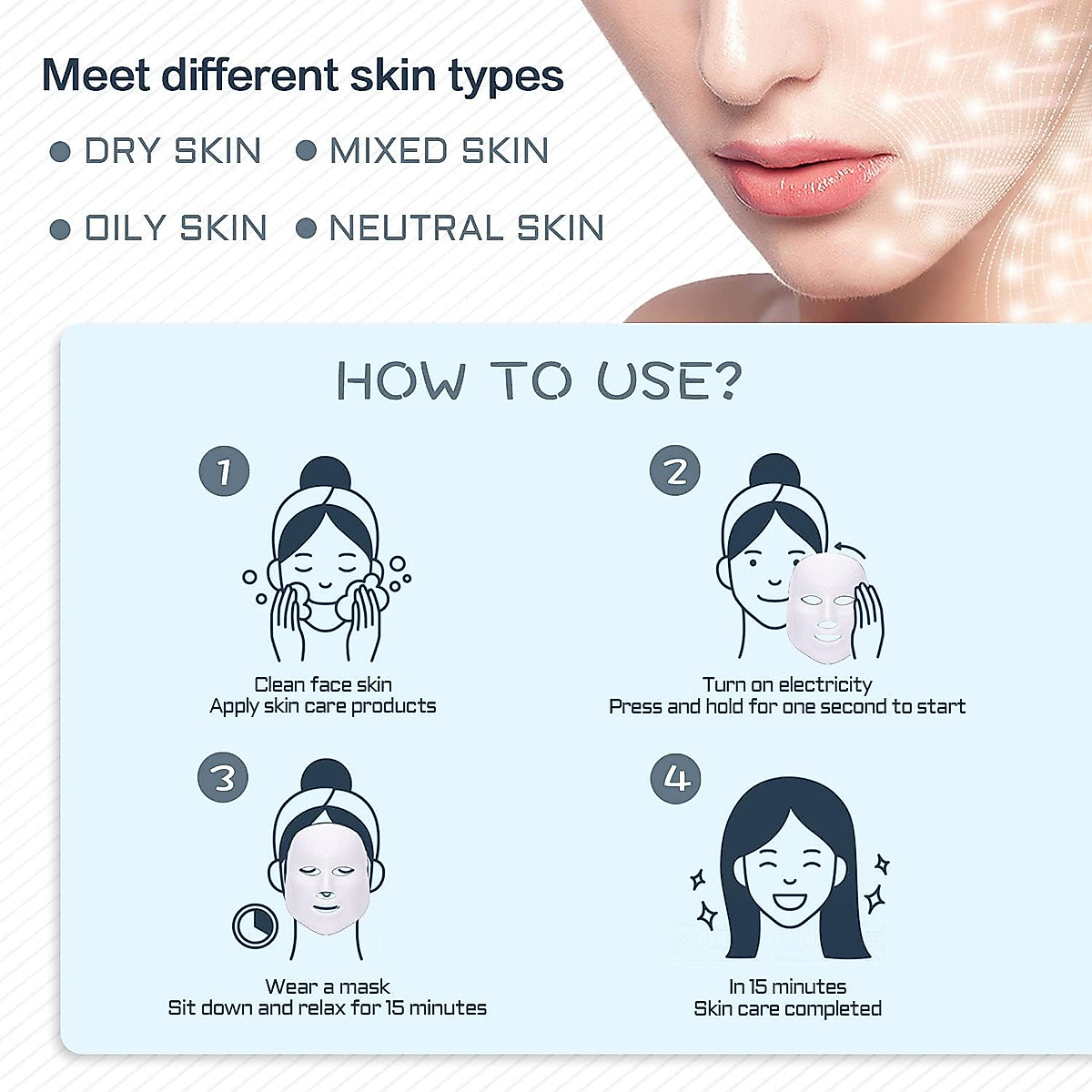 HXDZFX LED FACIAL LIGHT THERAPY MASK-Led Face Mask Light Therapy, 7 Led Light Therapy Facial Skin Care Mask - Blue & Red Light for Acne Photon Mask - Skin Care Mask for Face.White