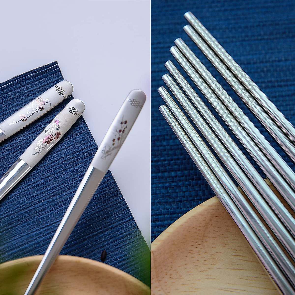 YAPULLYA Reusable Chopstick and Spoon Set, Korean Long Handle Stainless Steel Spoon and Chopsticks Set, Dishwasher Safe Metal Chop sticks, Set of 3. (Multi-patterned)