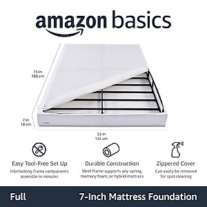 Amazon Basics Smart Box Spring Bed Base, 7-Inch Height Mattress Foundation, Tool-Free Easy Assembly, Full, 74"L x 53"W x 7"H, White