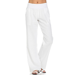 Poplooks Women's Comfy Fold Over Linen Pants (Small, White)