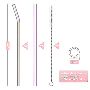 NiHome Reusable Glass Drinking Straws Clear 12-Pack, 8"x0.3" Set of 6 Straight and 6 Bent with 2 Cleaning Brushes for Milkshakes, Frozen Drinks, Smoothies, Eco-Friendly Dishwasher Safe
