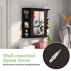 HOMGX Wall Cabinet, Recessed Medicine Cabinets W/Mirror Door & 3 Adjustable Shelves, Space Saver Storage Cabinets W/ 6 Open Shelves, Wall-Mounted, Bathroom Medicine Cabinets for Toilet & Laundry Room