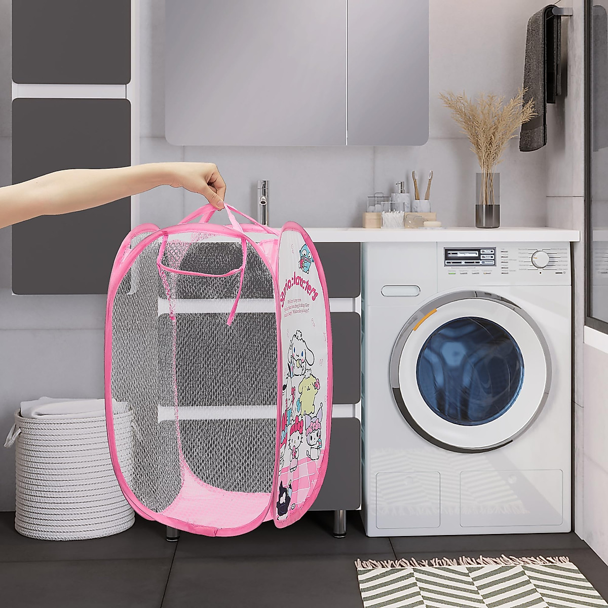 Cute Mesh Popup Laundry Hamper with Carry Handles, Large Capacity Foldable Lightweight Dirty Clothes Basket for Girls Room, Dorm | Travel & Camping