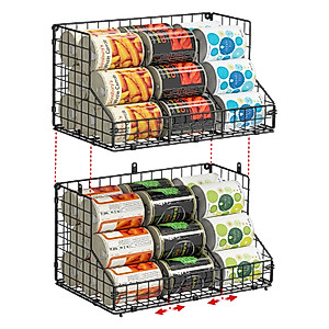 JKsmart Stackable Can Rack Organizer for Pantry Storage,Can Dispensers with 4 Adjustable Dividers, 2-Tier Metal Wire Basket Beverage Pop Soda Rack for Kitchen Cabinet Pantry, Black