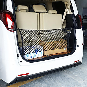 Osilly Car Rear Cargo Net, Double-Layer Adjustable Stretchable Elastic Storage Organizer Net, Trunk Cargo Storage Mesh Net with Hooks, Car Interior Accessories Fit for Car, Trucks, SUV (Small)