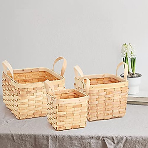 Okllen Set of 3 Small Woodchip Basket with Handles, Wooden Woven Baskets Handmade Wicker Baskets, Empty Storage Basket Container for Organizing Pantry, Closet, Toy, Wedding Stuff, Square, 3 Sizes