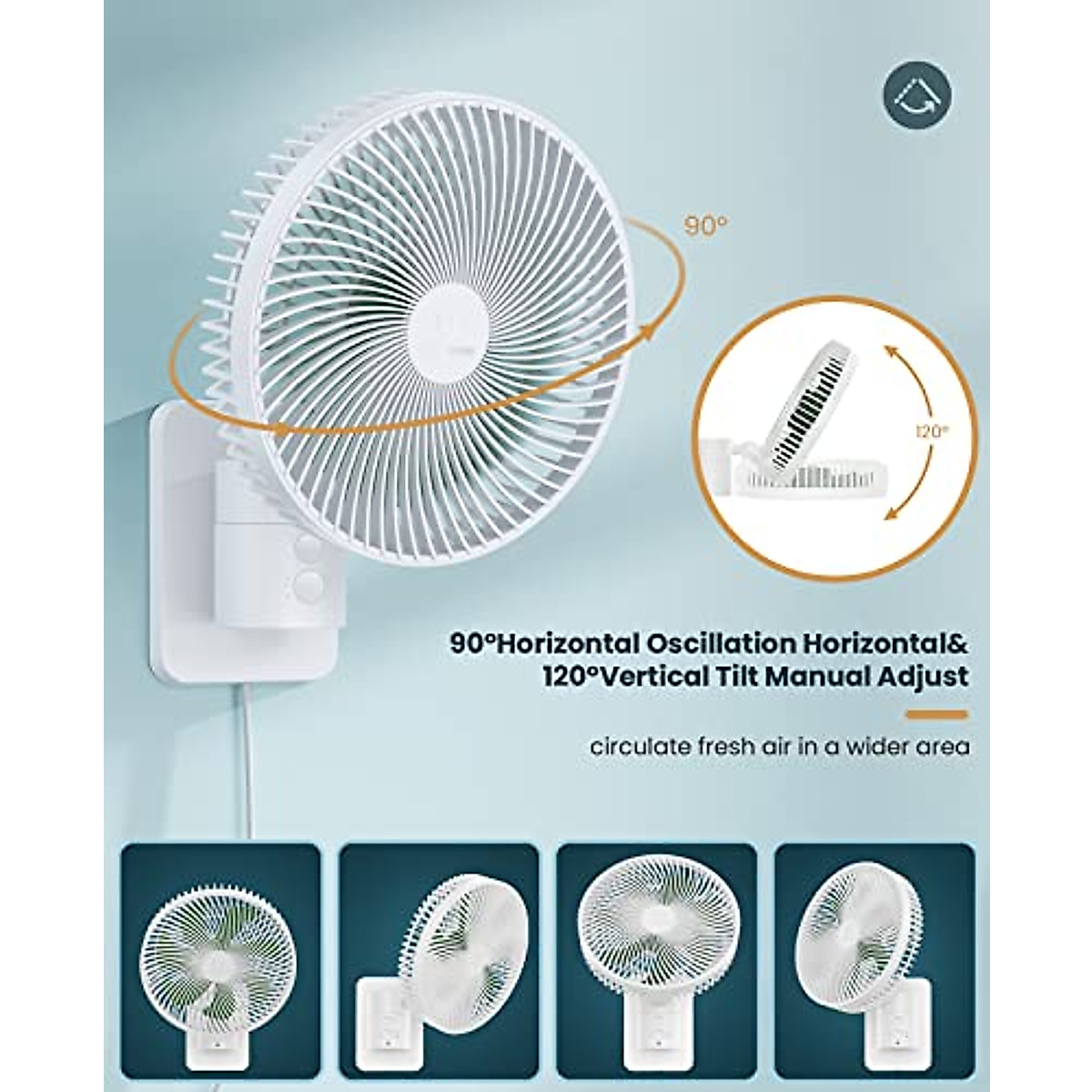 LEMOISTAR 8 Inch Small Wall Mounted Fan with Remote Control,AC/DC(12V), 90°Oscillating, 4 Speeds, Timer, Adjustable Tilt, 70-Inches Cord Ultra Quiet, for Home Office Bedroom Garage RV Camping-White