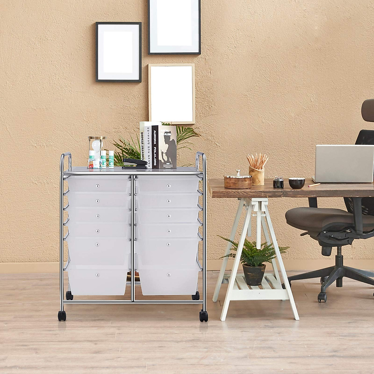 RELAX4LIFE Storage Cart W/12 Drawers Rolling Wheels Semi-Transparent Multipurpose Mobile Rolling Utility Cart for School, Office, Home, Beauty Salon Files Arrangement Storage Organizer Cart (Clear)