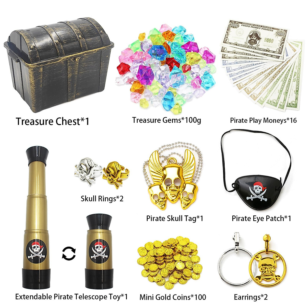 Pemalin Pirate Treasure Chest Toy Set for Kids Pirate Treasure, Pirate Themed Role Play Party Favors Decoration Storage Box Pirate Role Play Treasure Hunting Game for Halloween, Birthday, Christmas