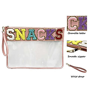 HAIBOLAN Monogram Clear Travel Patch Pouch Stadium Transparent Snack Bag Wristlet PVC Waterproof Clutch Purse Tote Bag (snacks-pink)