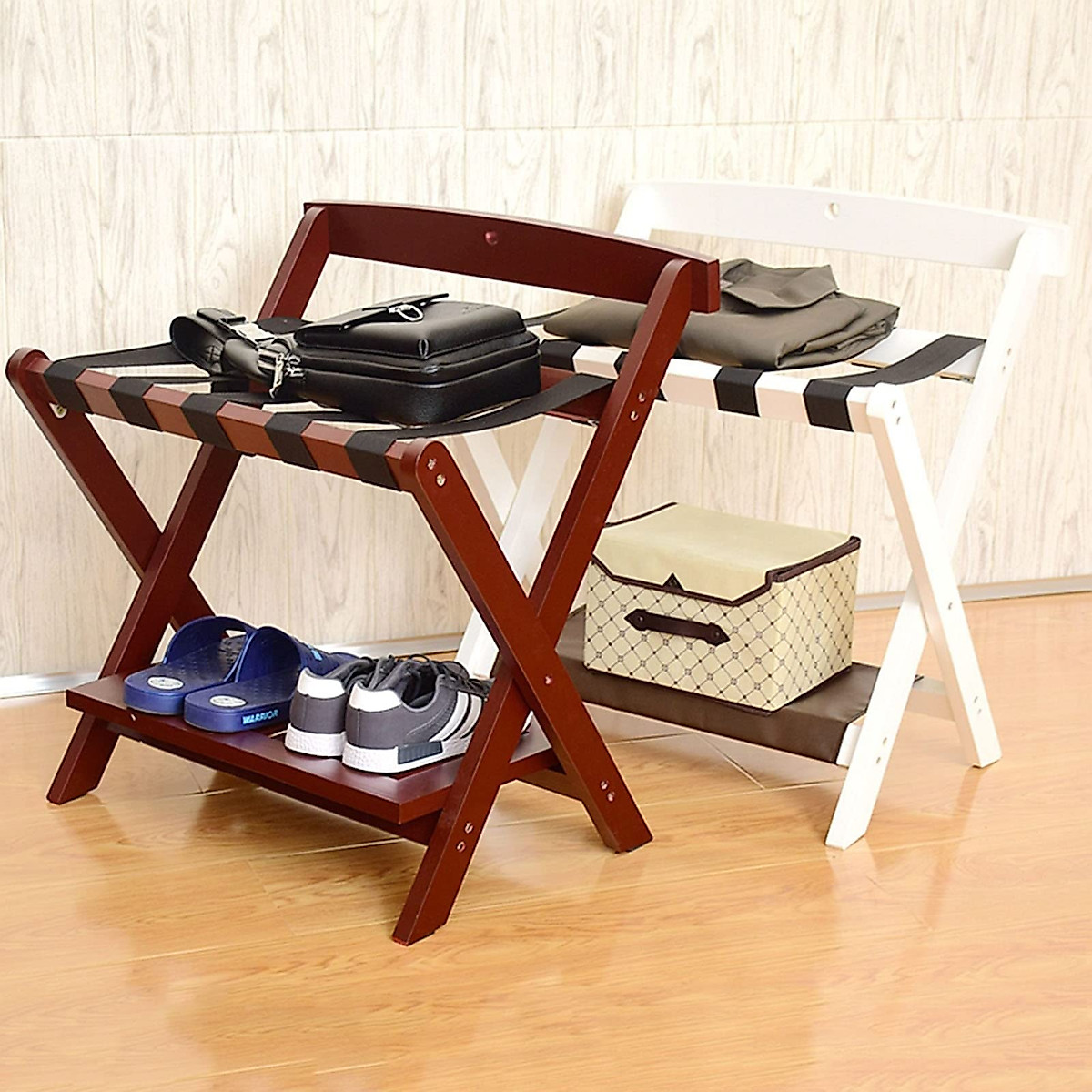 GUODDM Luggage Racks for Suitcases for Bedroom - Set of 2 Suitcase Stand for Guest Room Folding, Luggage Stand Wood with Backrest, 2-Tier Luggage Shelf Organizer, for Hotel Home Guest Room Bedroom