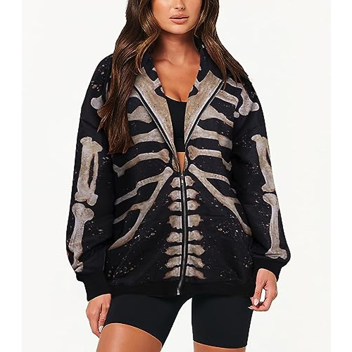 ASTANFY Skeleton Oversized Zip Up Hoodie Women Halloween Skull Sweashirt Y2k Skull Sweashirt Fall Streetwears Pullover Tops