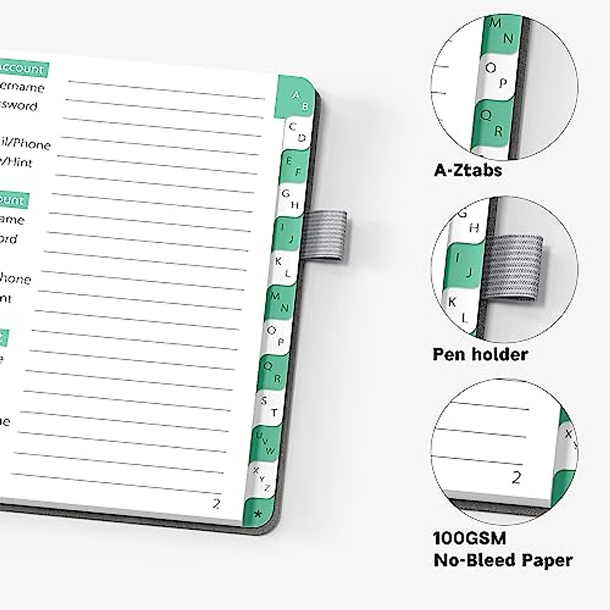 QSSRWNAO Password Book with Alphabetical Tabs, Leather Hardcover Password Notebook, Password Keeper Internet Password & Address Organizer Logbook for Website Logins, B6 Size,Pen Loop (Grey)