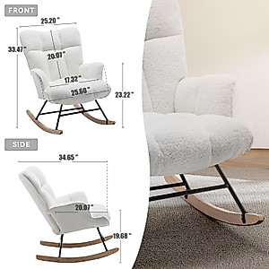 SAETSFEG Nursery Rocking Chair Teddy, Upholstered Glider Rocker with High Backrest, Comfortable Stylish Accent Armchair with Padded Seat for Living Rooms, Bedrooms, White