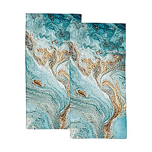 My Daily Marble Art Teal Hand Towel Set of 2, Turquoise Face Towel Thin Washcloths 30x15 inch, Portable Absorbent Soft Towels for Gym Yoga Spa Bathroom Decor