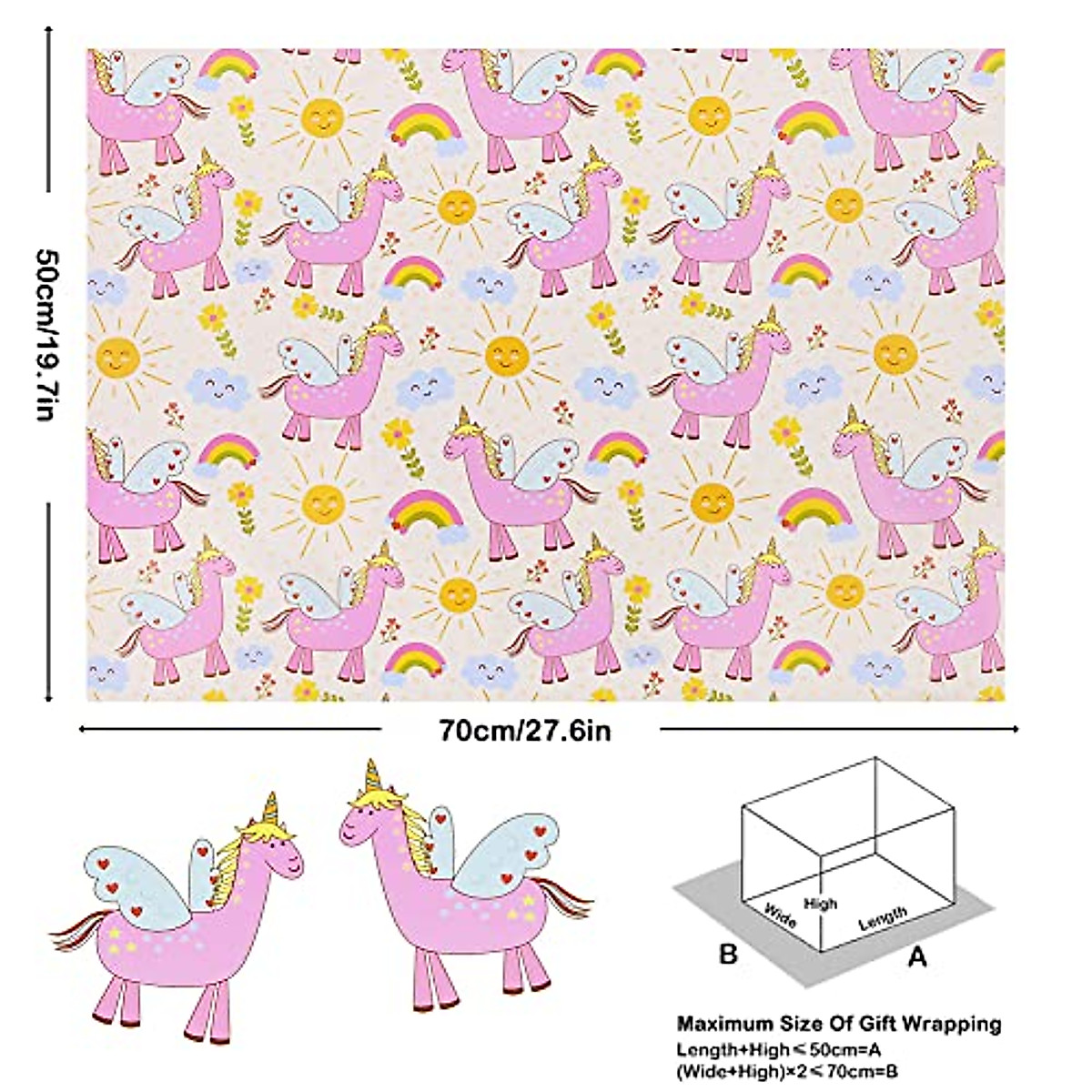 Magic Flying Unicorn Over Rainbow Flower Sunshine Dreams On Pink Wrapping Paper Sheets, Fantasy Horse With Wings and Horn Gift Wrap for Birthday Wedding Bridal Baby Shower Girl Kids, 4 Sheets Folded Flat 20x28 inches per sheet, 15 sq. ft. ttl.