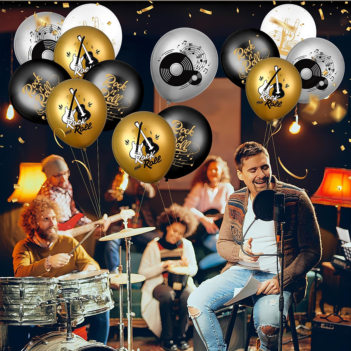 50Pcs Rock and Roll Music Balloons Black Gold Hip Hop Party Decorations Balloons Retro Guitar Music Themed Latex Balloon for Men Women Rock 80's 90's Birthday Rock Star Disco Party Supplies