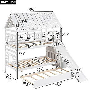 EOVTK Twin Over Twin House Bunk Bed with Trundle and Slide, Wood House Bunk Bed Frame with Storage Staircase, Roof and Window for 3 Kids Boys Girls, White