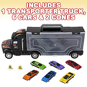 ArtCreativity Diecast Car Transporter Playset, Includes 1 Plastic Carrier Truck, 2 Cones, and 6 Small Diecast Cars for Boys & Girls, Fun Interactive Play Set, Best Holiday or Birthday Gift for Kids