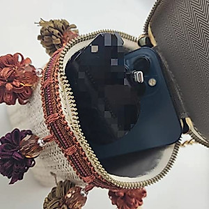 IAMUHI Womens Handwoven Straw Phone Bag Small Floral Tassel Cross-body Beach Purse Mini Bucket Tote Handbag,White