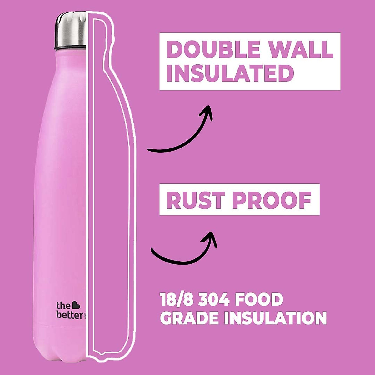 The Better Home 500 Stainless Steel Insulated Water Bottle 500ml Pink | Thermos Flask 500ml | Hot and Cold Steel Water Bottle 500ml | Food Grade & BPA Free Insulated Water Bottles (Pack of 2)
