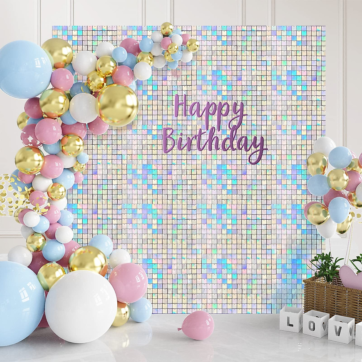 HYzgb Shimmer Wall Backdrop Iridescent Square Sequin Wall Panel Backdrop 24 Pcs for Birthday Party Wedding Decorations