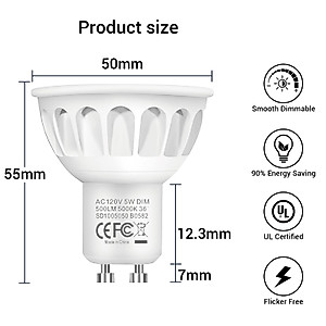 GU10 LED Bulb Dimmable, 50W Halogen Equivalent, 5000K Daylight White Natural Light Bulbs, 500LM White Light Bulbs Replacement for Recessed Track Living Room Bathroom Lighting, 5W 12 Pack