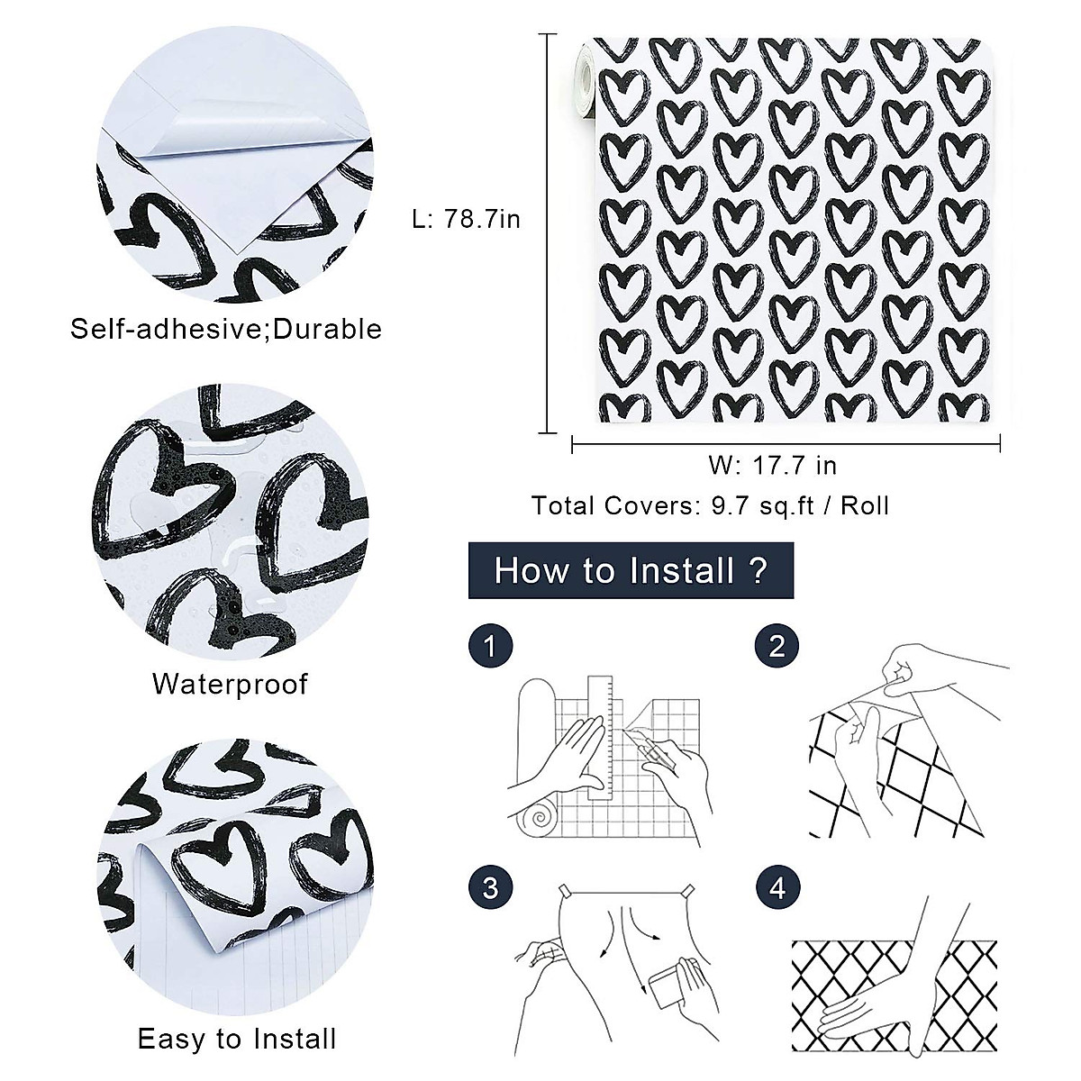 Timeet Modern Heart Wallpaper Peel and Stick Wallpaper Self Adhesive Wallpaper 17.7"x78.7" Black White Contact Paper Vinyl Removable Wallpaper Decorative for Bedroom Living Room Bathroom