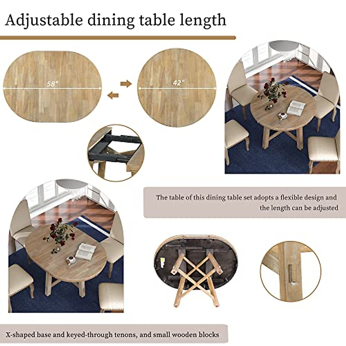 Merax Round Dining Table Set with 4 Chairs for 4-6 Persons Extendable 5 Piece Kitchen Dining Set Rustic Solid Wood Dining Table, Natural Wood Wash