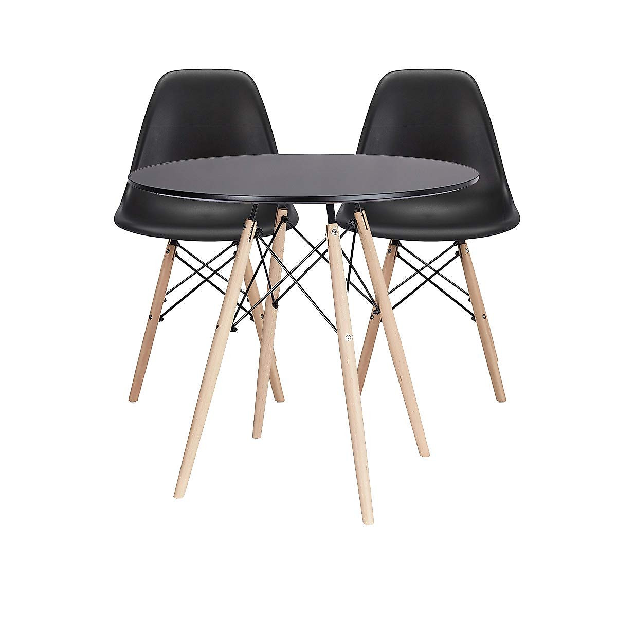 CangLong Modern Round Office Side Table in Black with Beech Wood Legs for Kitchen Living Bedroom