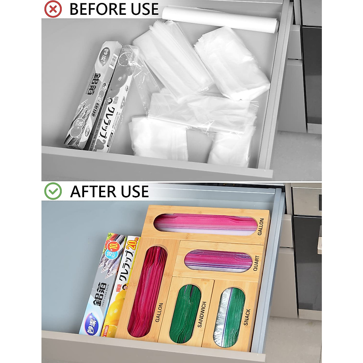 BWLAND Bamboo ziplock bag organizer for drawer 5 Pc Bamboo Premium Food Storage Bag Organizer Holders and Dispenser Compatible with Gallon, Quart, Sandwich, Snack, Candy Variety Size Bags