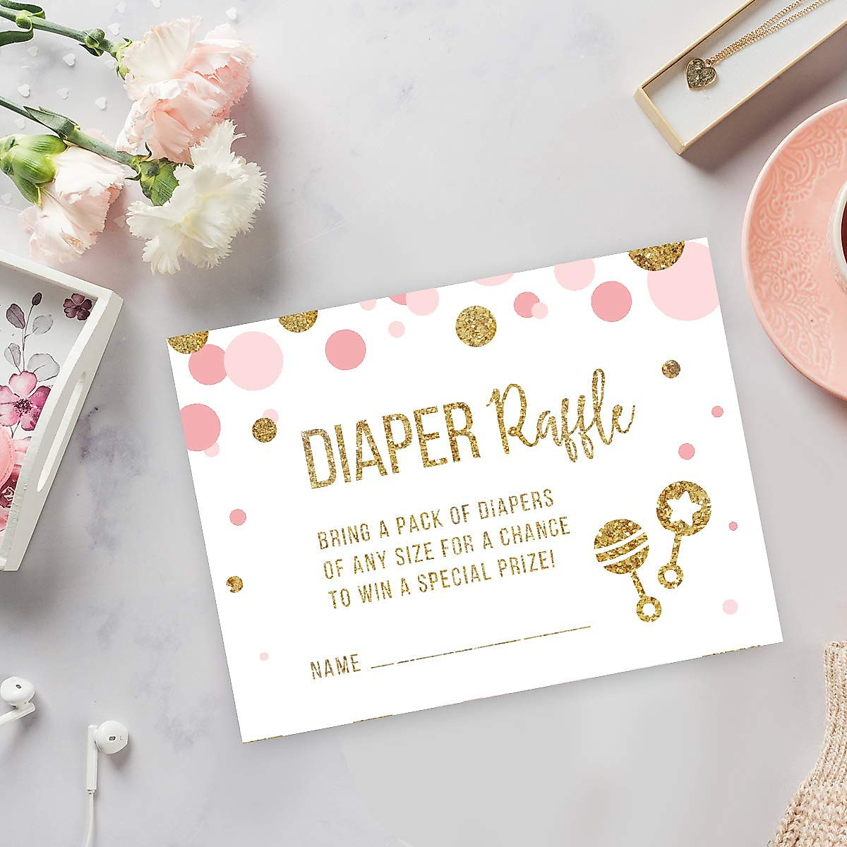 Andaz Press Blush Pink Gold Glitter Girl Baby Shower Party Collection, Games, Activities, Decorations, Diaper Raffle Cards, 30-pack