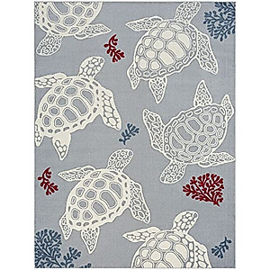 Home Dynamix Marine Sea Turtle Coastal Animal Indoor/Outdoor Rug, Grey/Ivory, 5'2"x7'2"