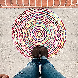 INDIAN ARTISTIC Jute Cotton Multi Chindi Round Rag Rug 3X3' | Hand Woven Rug & Reversible Rug | Cotton Rag Rug | Handmade Multicolored Reversible Braided Rag Rug | Runner Rugs (Round Shape)