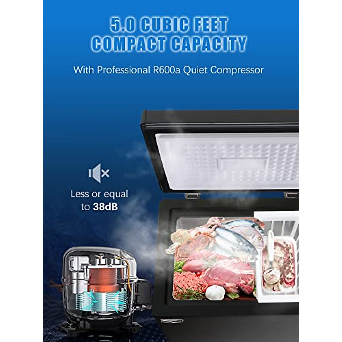 Chest Freezer Freestanding Deep Freezer 5.0 Cu Ft with Storage Basket and Adjustable Feet Top Open Door Small Compact Freezer Adjustable Thermostats for Garage Dorm Kitchen Office Business, Black