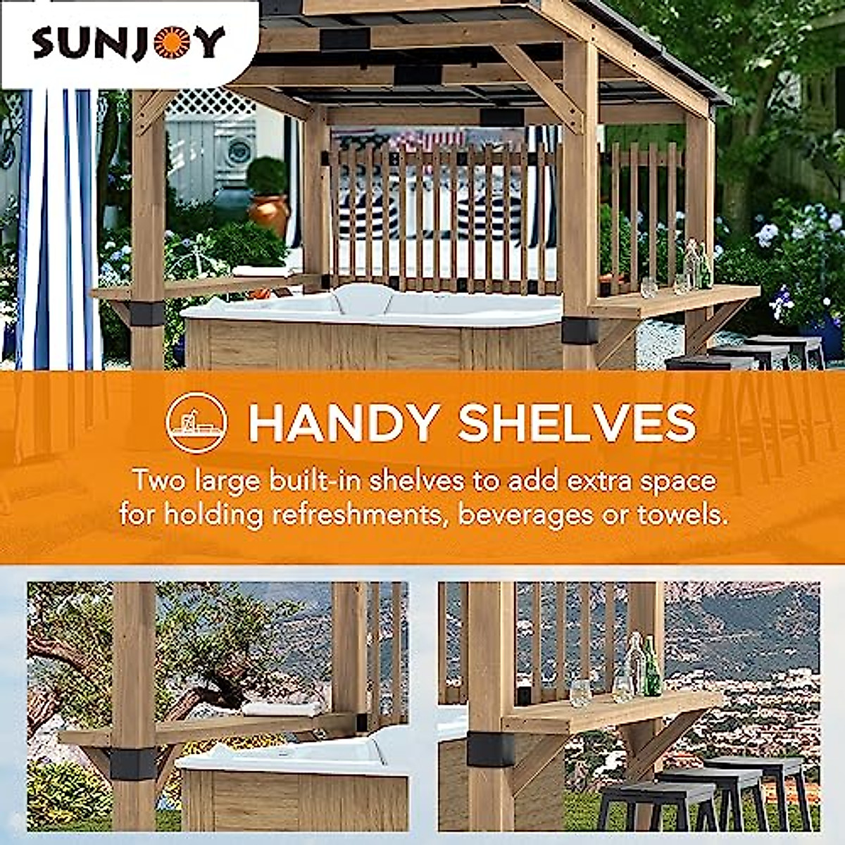 Sunjoy Wooden Grill Gazebo 10 ft. x 11 ft. Outdoor Cedar Frame BBQ Gazebo, Backyard Hot Tub Gazebo with Aluminum Hardtop Roof, Privacy Screen and Bar Shelves by SummerCove