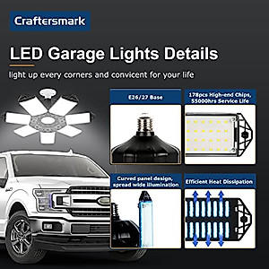 LED Garage Lights - 175W Garage Lights Ceiling LED with 7 Adjustable Panels, 20000LM Deformable LED Shop Light for Garage, Basement, Barn, High Bay Light, Support E26/E27 Screw Socket (2 Pack)