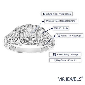 Vir Jewels 1 cttw Diamond Halo Wedding Engagement Ring 14K White Gold Cushion Shape Bridal Size 6