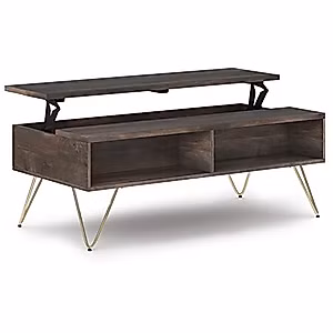 SIMPLIHOME Hunter SOLID MANGO WOOD and Metal 48 Inch Wide Rectangle Industrial Lift Top Coffee Table in Ebony, For the Living Room and Family Room